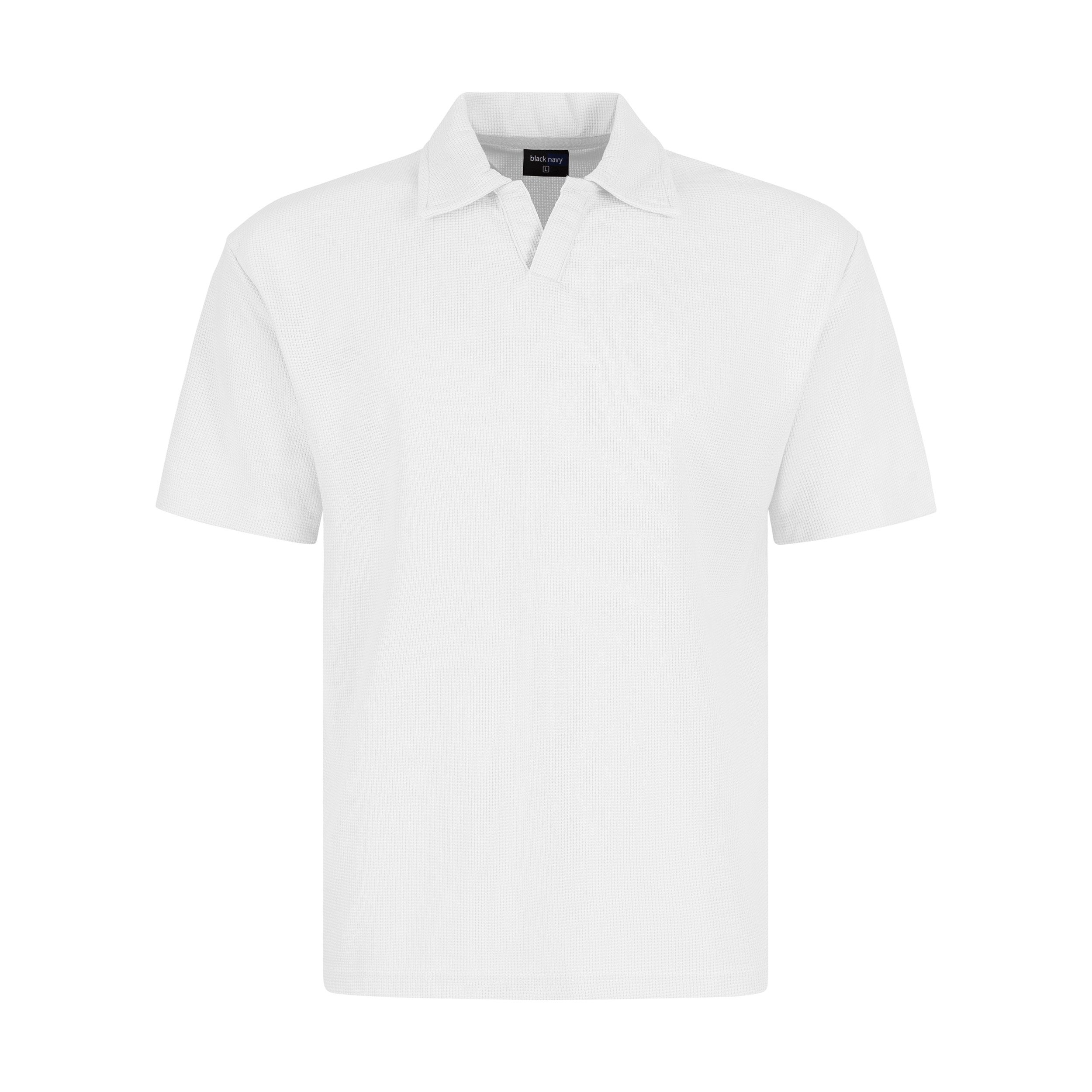 White Johnny Collar Waffle Polo - BlackNavy